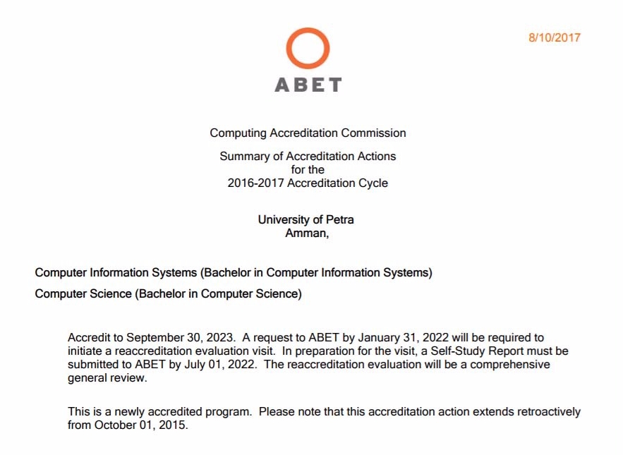 University of Petra | UOP's IT Programs Obtain ABET Accreditation Certificate